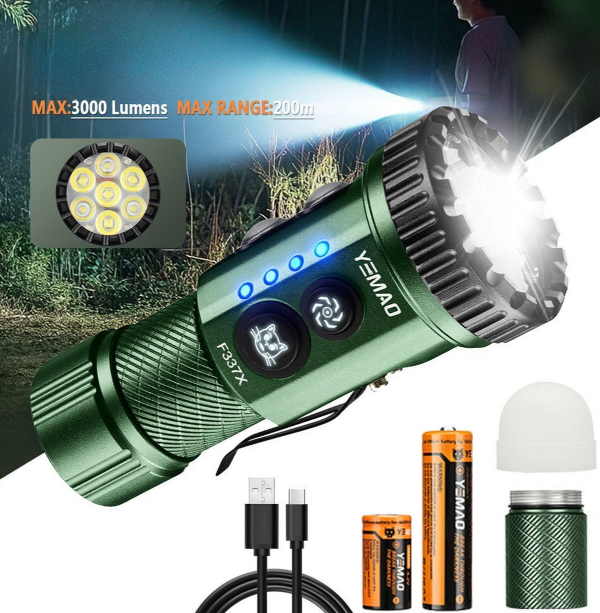 Фонарь ручной высокой яркости Портативный мини 7LED YM-F337X (зеленый)
