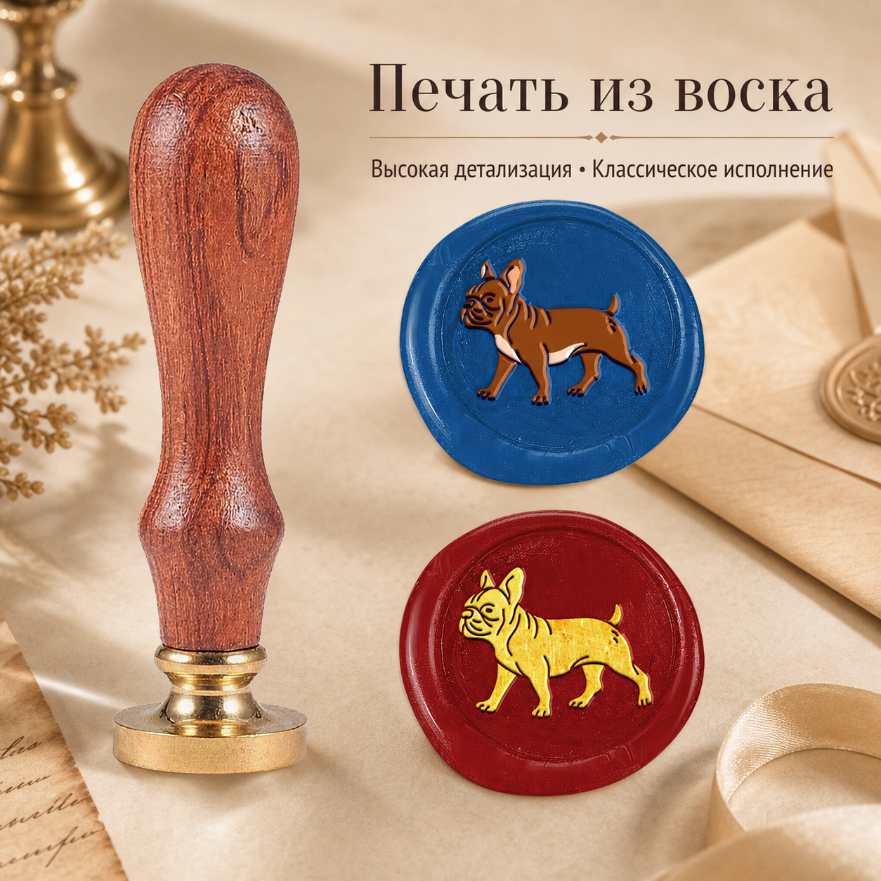 Набор из 1 сургучной печати. Сургучные печати с латунными головками и деревянными ручками для конвертов, приглашений, подарочных карт, собак. Размеры: 83 x 22 мм. Марки: 25 x 14,5 мм.