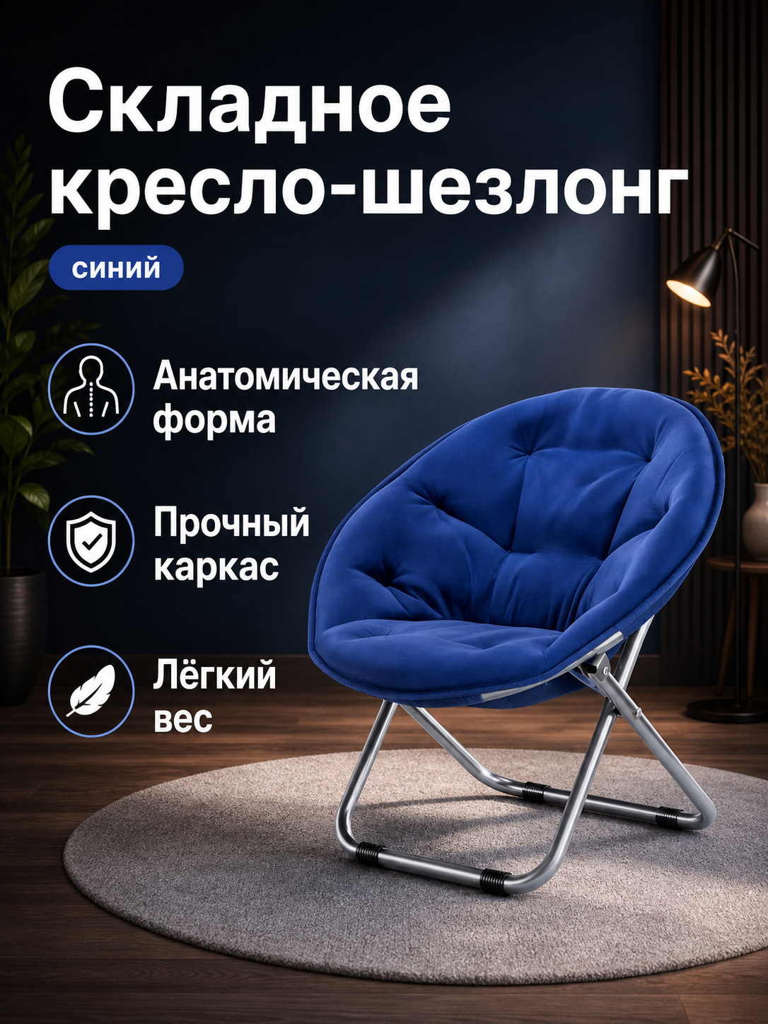 Шезлонг, Металл, складное мягкое кресло луна, портативное кресло для балкона, дачи и гостиной,80х76см
