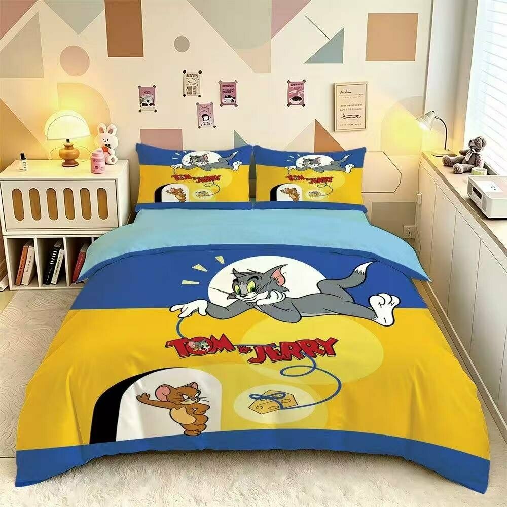 Комплект постельного белья MINISO "Том и Джерри", 200x230 см，4 предмета，светло-голубой，кровать ，1,8 метра