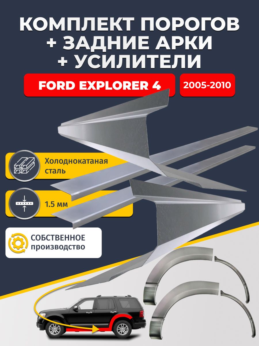 Комплект ремонтных задних арок(0,8 мм) и стандартных порогов(1,5 мм) + усилители (1,5 мм.) на Ford Explorer 4 2005-2010 (Форд Эксплорер 4). Материал холоднокатаная сталь.