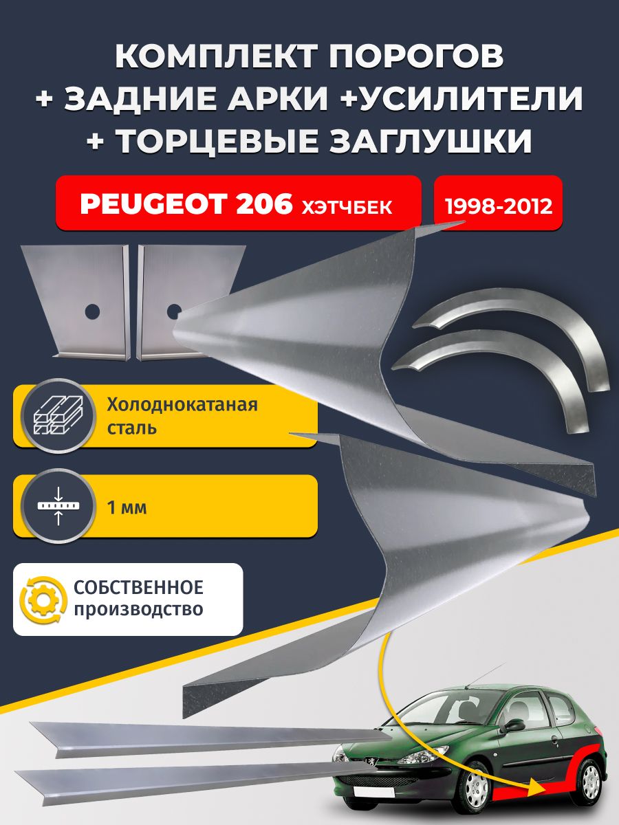 Комплект ремонтных задних арок (0,8 мм) и стандартных порогов + торцевые заглушки + усилители, на Peugeot 206 1998-2012 Хэтчбек 3 двери (Пежо 206). Холоднокатаная сталь 1 мм