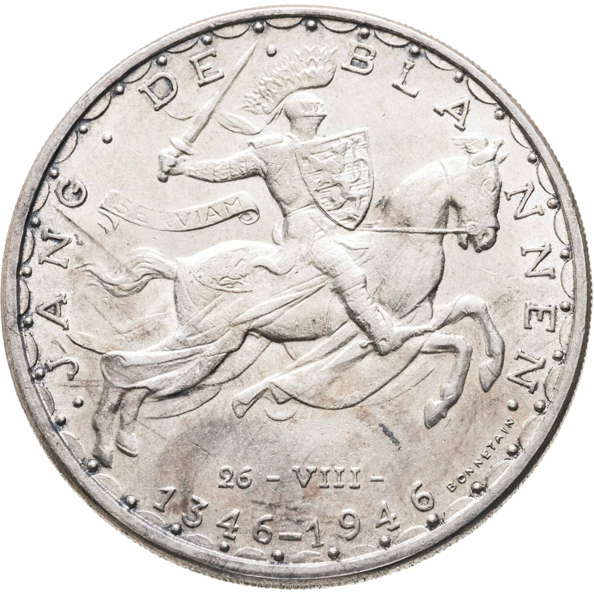 Люксембург 100 франков francs 1946 "600 лет со дня смерти Иоганна Люксембургского", Серебро 835, в сохранности AU-UNC