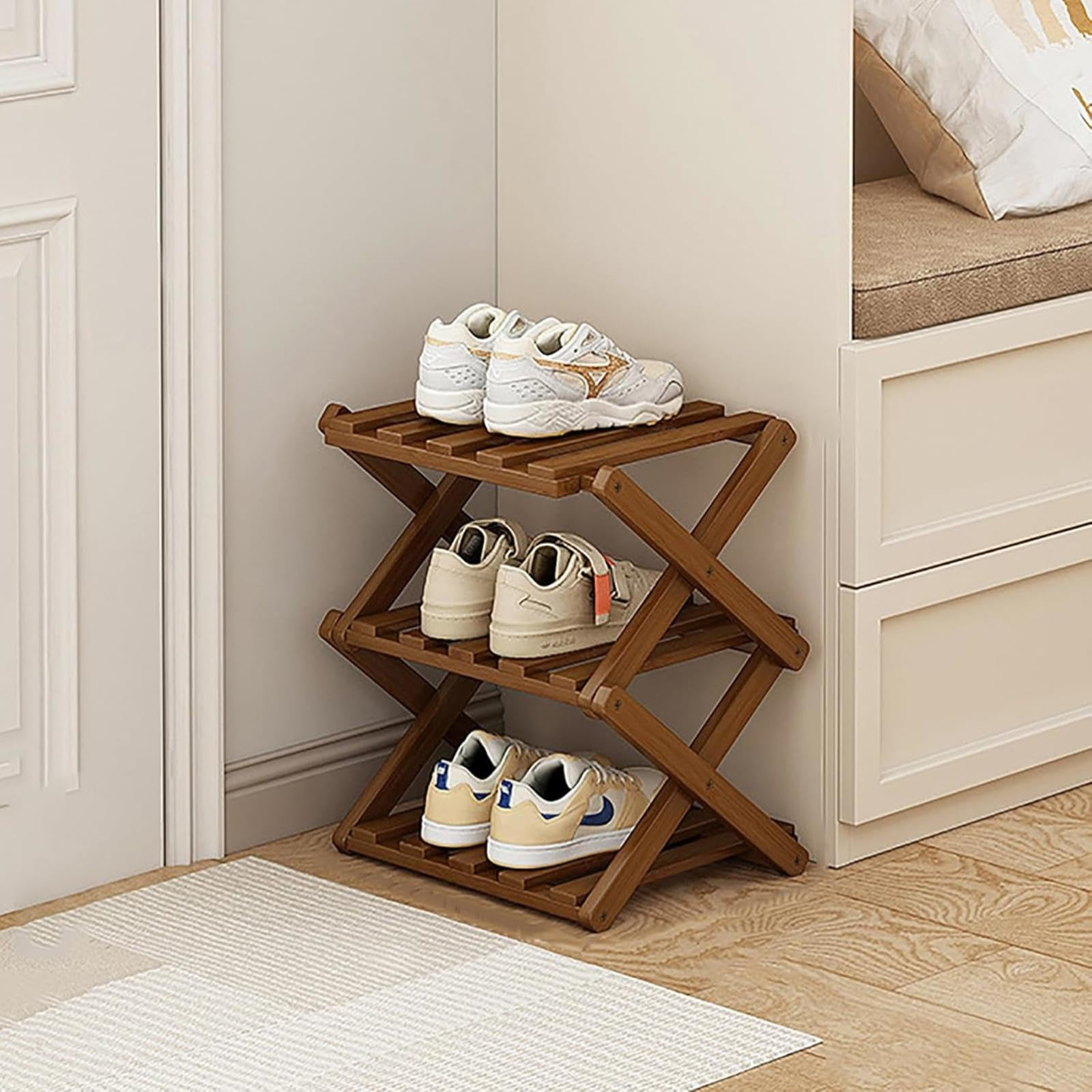 Органайзер для обуви из бамбука в входной зоне - Раздвижной узкий шкаф для обуви для небольших помещений, прихожей, гардероба, коричневый цвет - Трехярусная полка для хранения