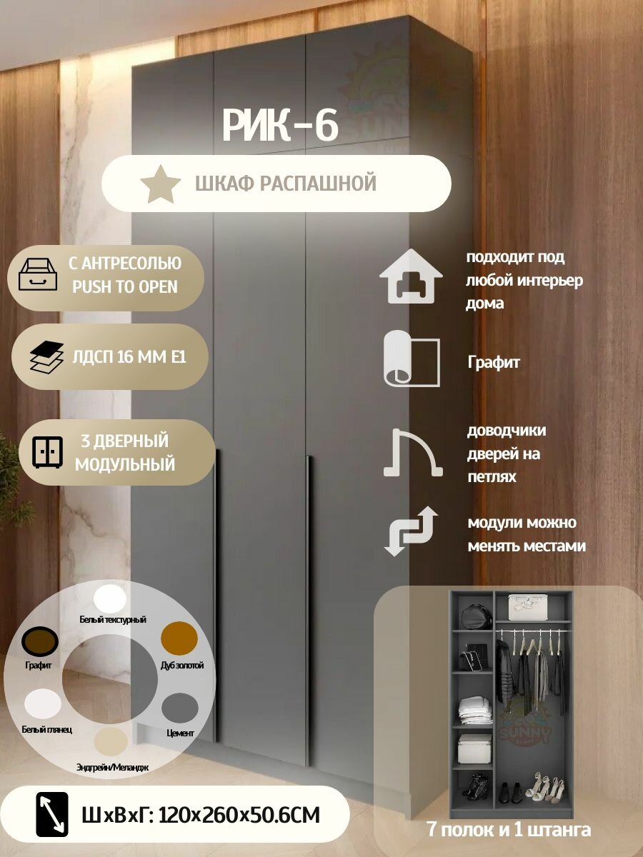 Шкаф распашной РИК 6, 3х дверный с антресолью, (Графит), 260х120х50.6 см.