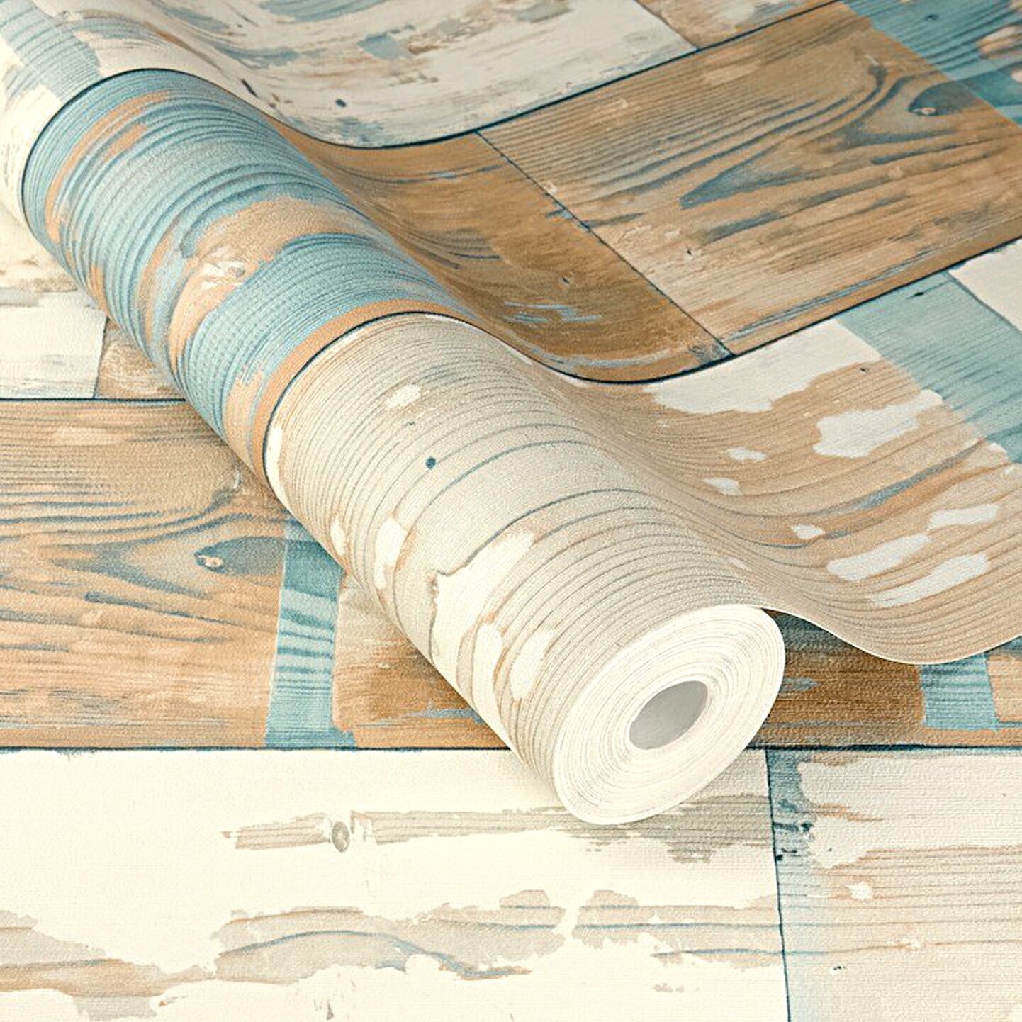 Обои флизелиновые Раш (Rasch) . Матовые моющиеся, под дерево бежево-голубые 416428