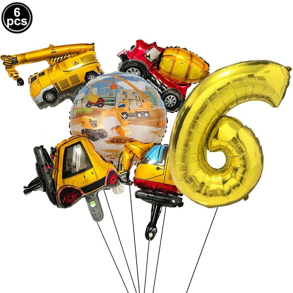 Цифровые шары «Экскаватор» золотисто-черные для мальчика Желтый, Golden number-6