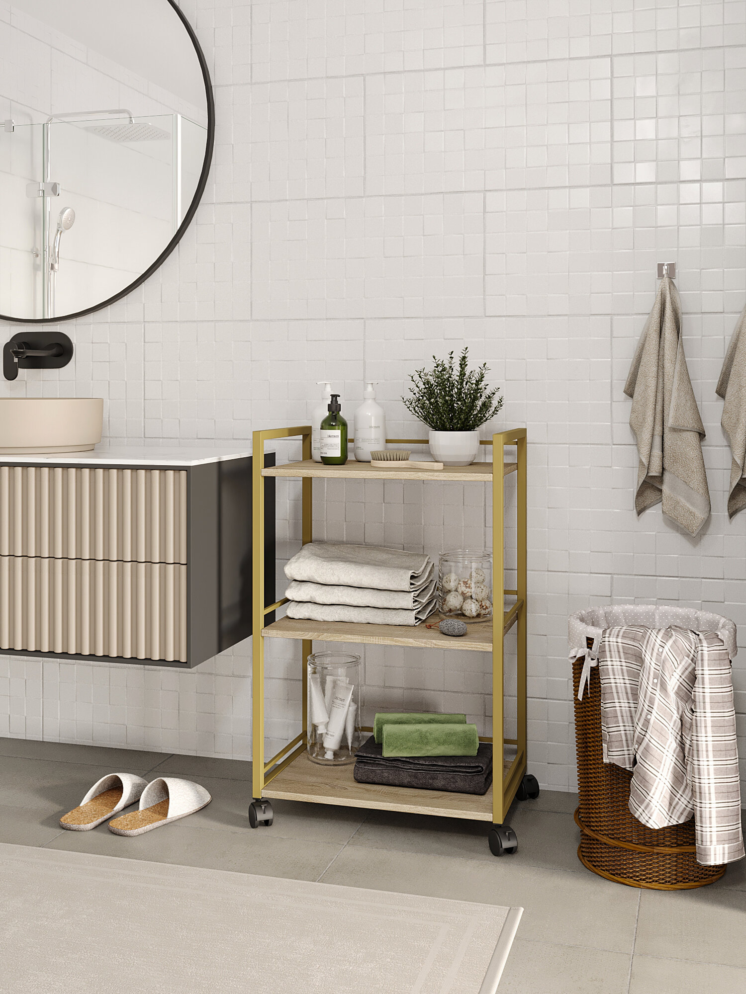 Этажерка косметологическая для мастера подкатная на колесиках золото/сонома