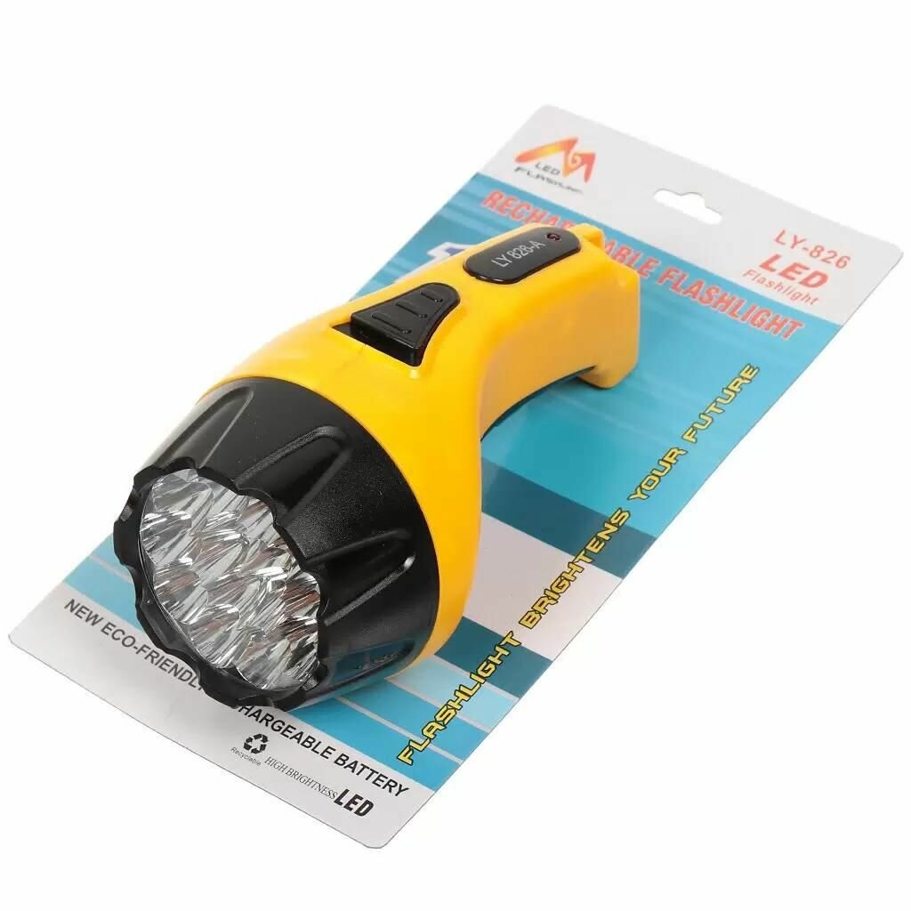 Ручной фонарь КНР встроенный аккумулятор, зарядка от сети 220 В, пластик, черно-желтый, 15 LED