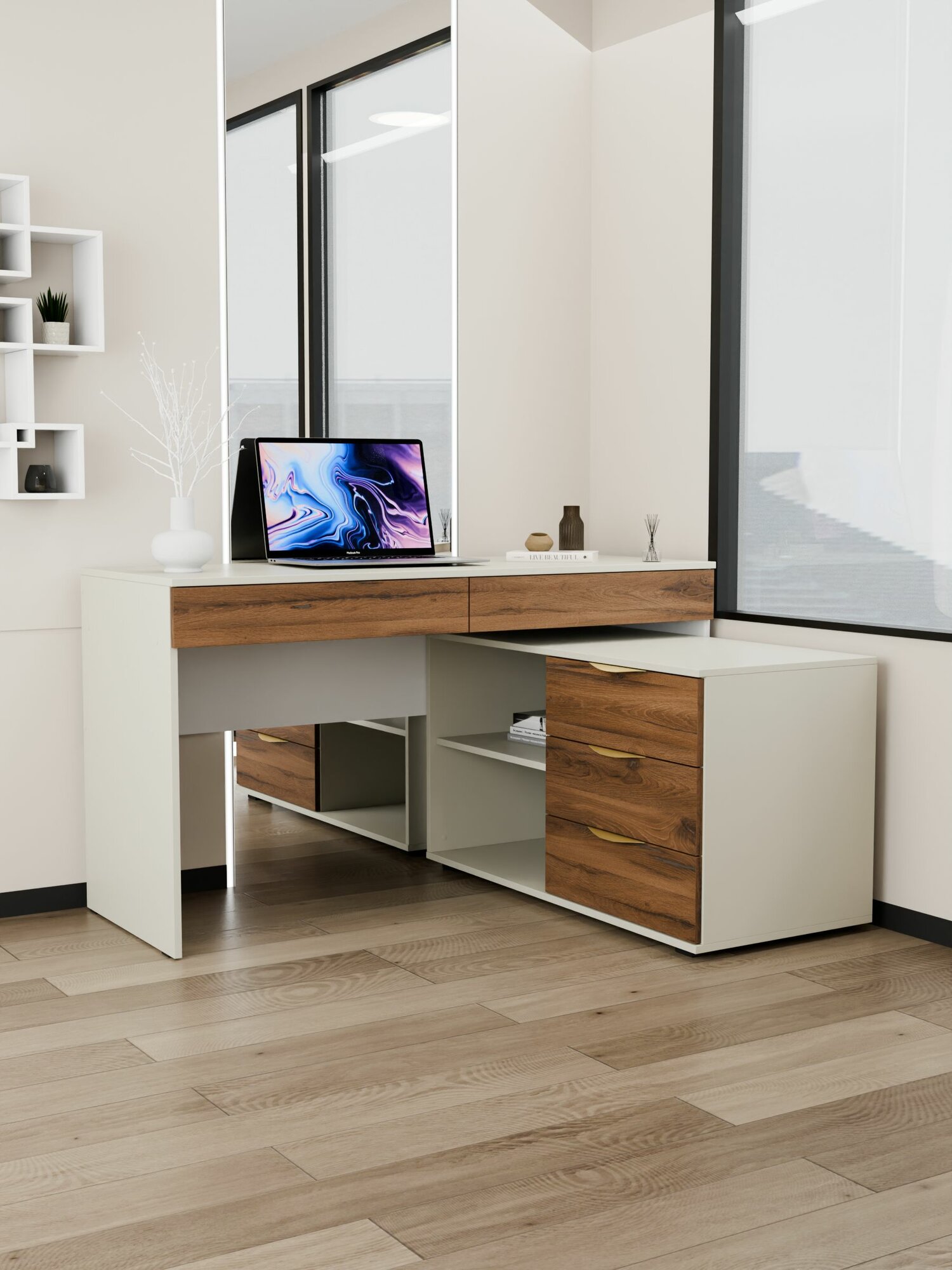 Изумлит Стол письменный с тумбой Корнер 135х52х75.5 см, бежевый-дуб крафт табачный