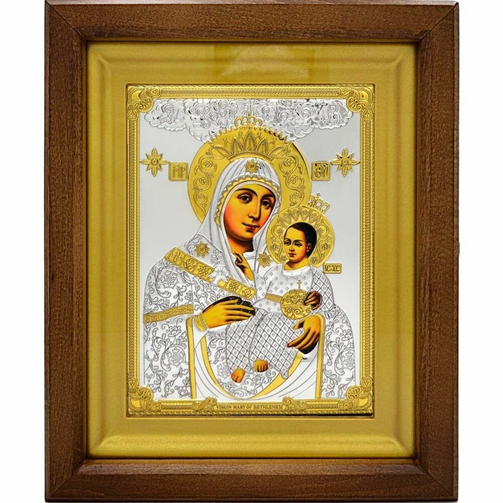 Вифлеемская икона Божией Матери в серебряном окладе, в деревянном киоте. (13,5 х 18,5 см / 20 х 25 х 6 см / В серебряном окладе в киоте под стеклом)