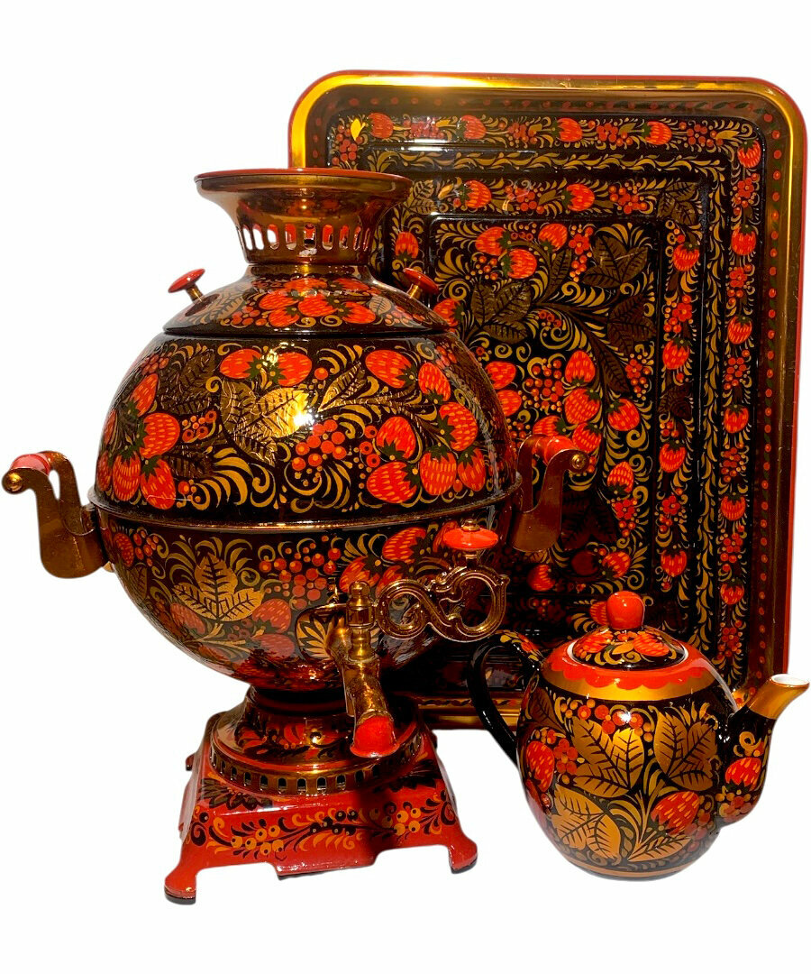 Самовар «Хохлома» электрический формой шар 5л в наборе с подносом и чайником