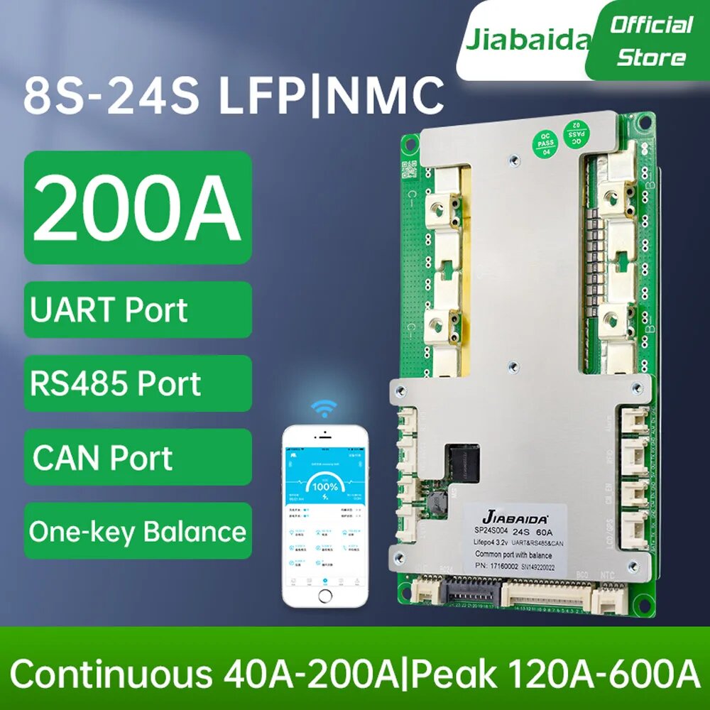 Jiabaida Балансир BMS для аккумуляторов 8S-24S NMC, 200A UART 485 CAN