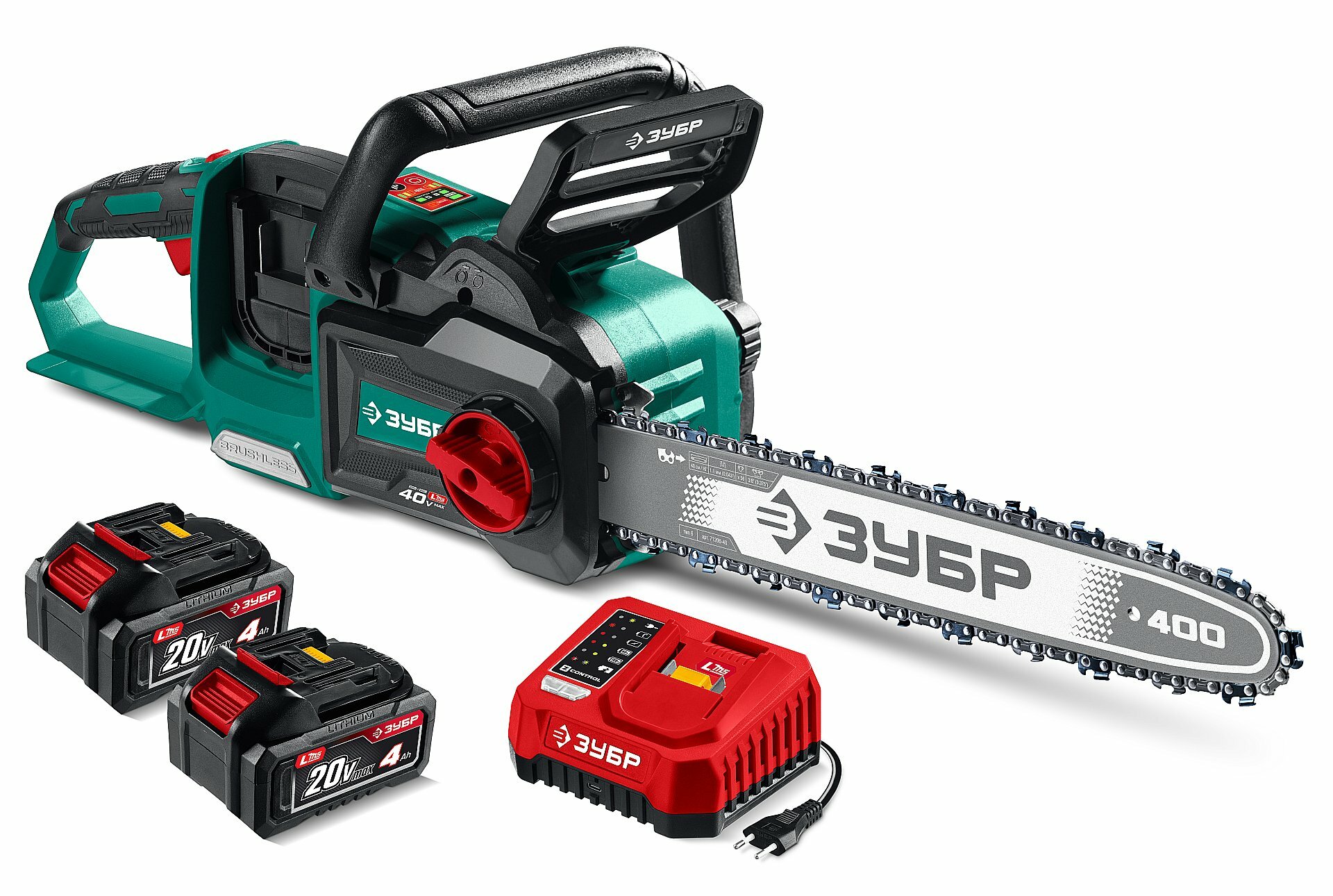 ЗУБР 40 В, (2x20В), 400 мм шина, 2 АКБ LMS (4 Ач), пила цепная аккумуляторная (ПЦБ-4040-42)