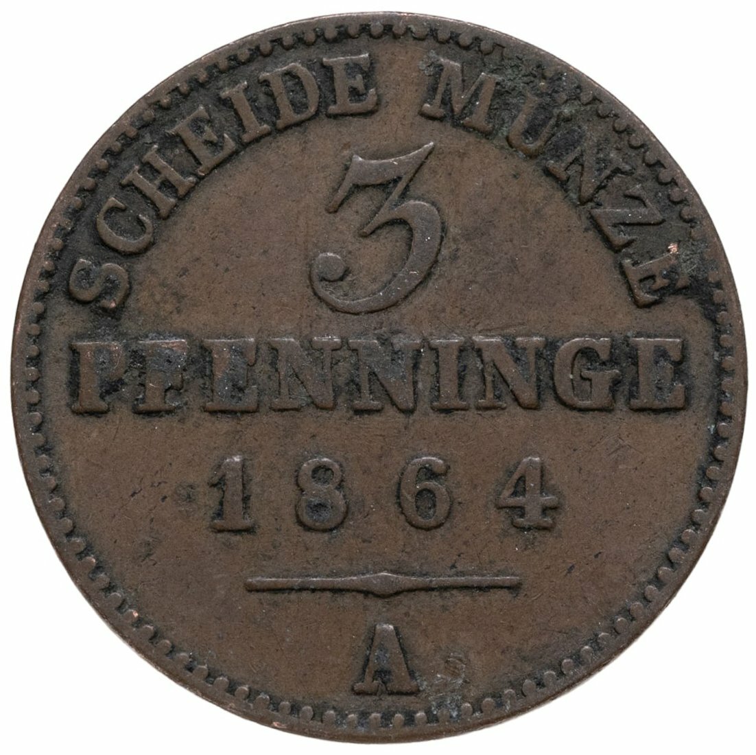 Германия, Пруссия 3 пфеннинга 1864 А, Медь, в сохранности VF