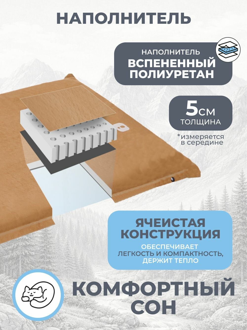 Коврик кемпинговый самонадувающийся BTrace Warm Pad Double, коричневый, 188*130*5 см — фото 1