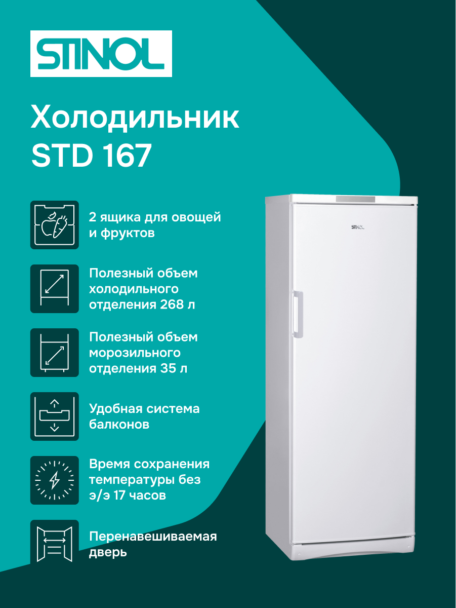 Однокамерный холодильник STINOL STD 167, белый, высота 167 см