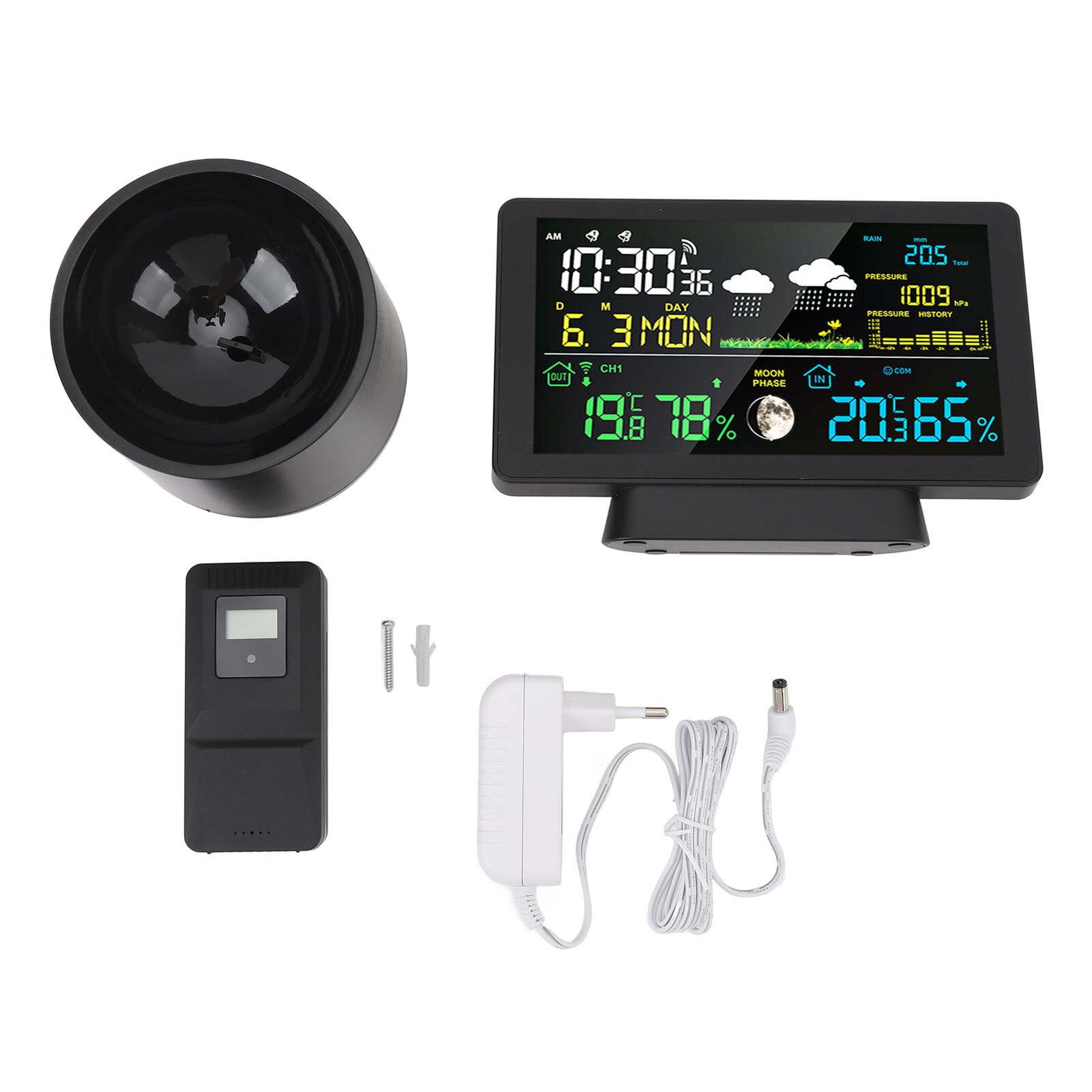 Цифровые погодные часы для дома, беспроводной будильник для измерения температуры в помещении и на улице, 7,5-дюймовый цветной дисплей, прогноз погоды, станция с дождемером, вилка ЕС