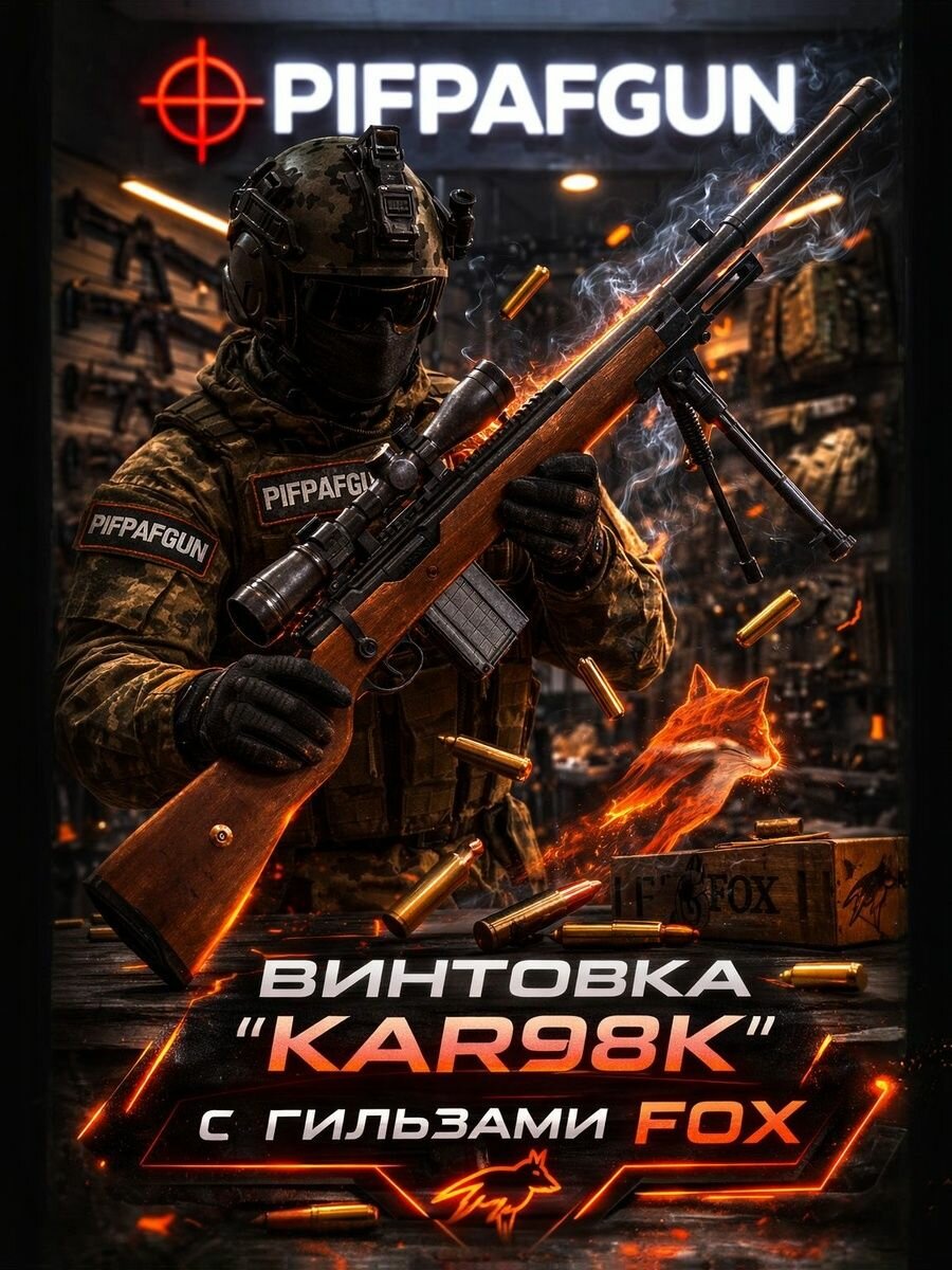 Игрушечная винтовка KAR98K FOX 110 см с гильзами и мягкими пулями EVA выброс гильз при взводе, прицел, сошки, ремень, магазин 5, 6+