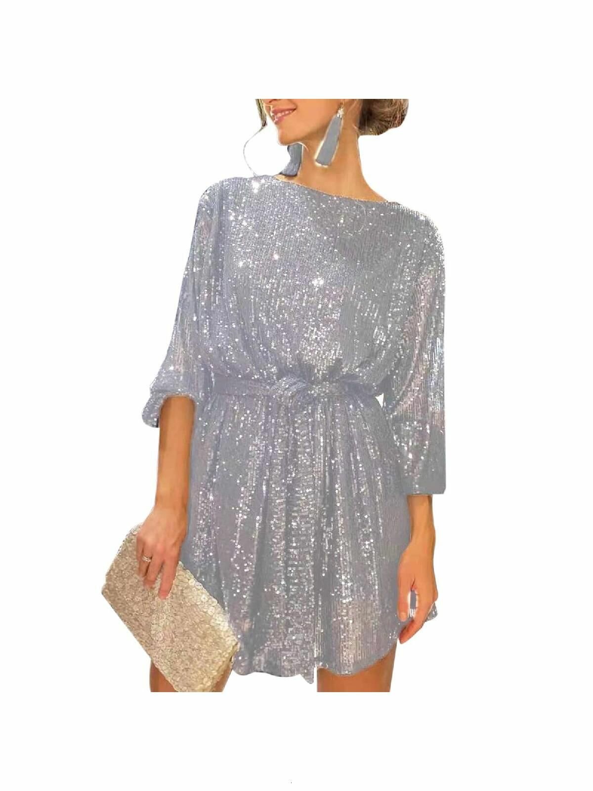 Блестящее вечернее платье с блестками и поясом, серебристо - серый - M