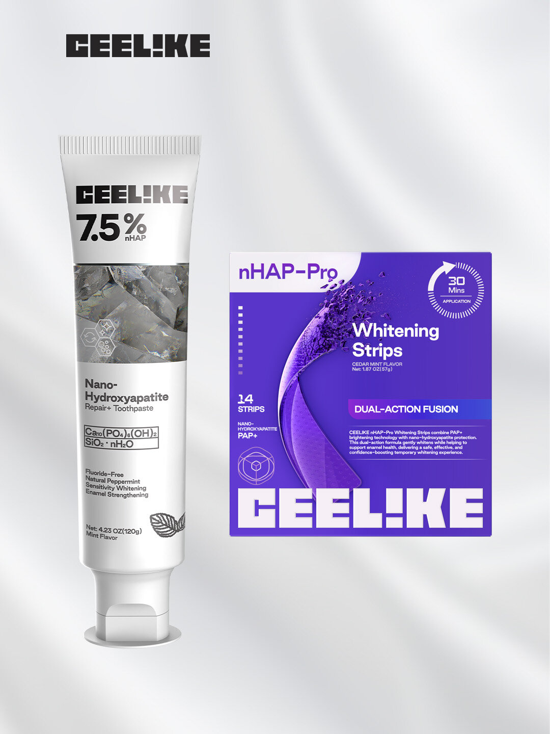 Отбеливающая зубная паста CEELIKE с гидроксиапатитом и набор полосок для отбеливания зубов. Результат за 30 минут.