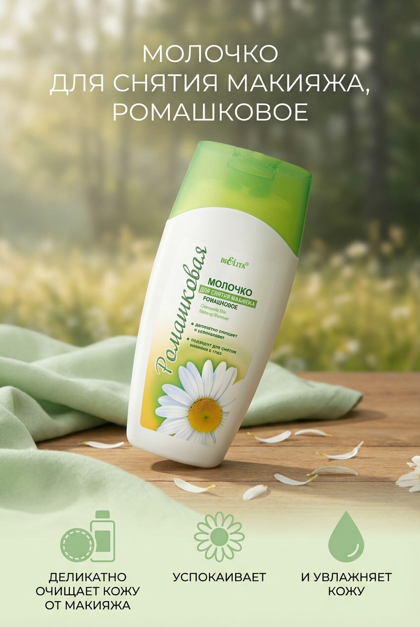 Молочко для снятия макияжа Bielita "Ромашковое", для всех типов кожи, 200мл