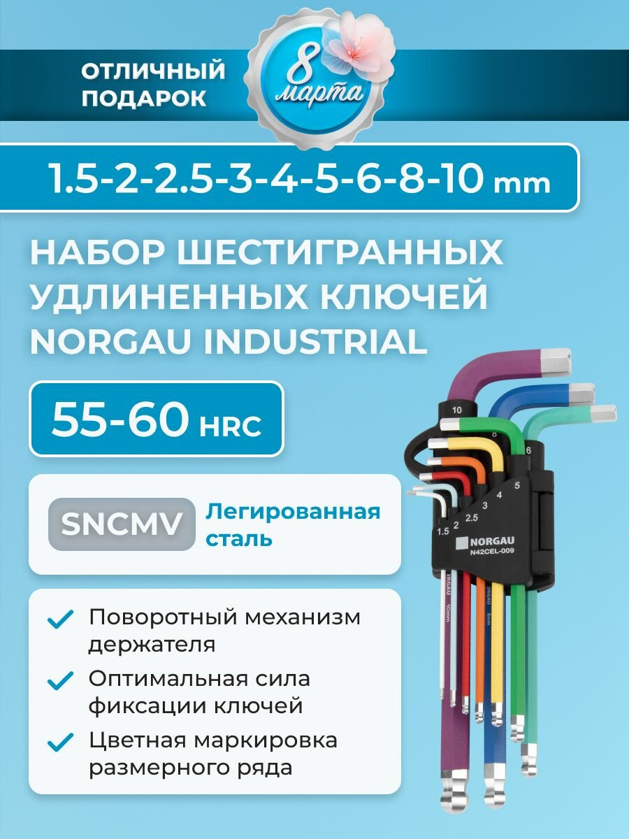 Набор удлиненных шестигранных ключей NORGAU Industrial в поворотном держателе с маркировкой из SNCM+V, 9 шт