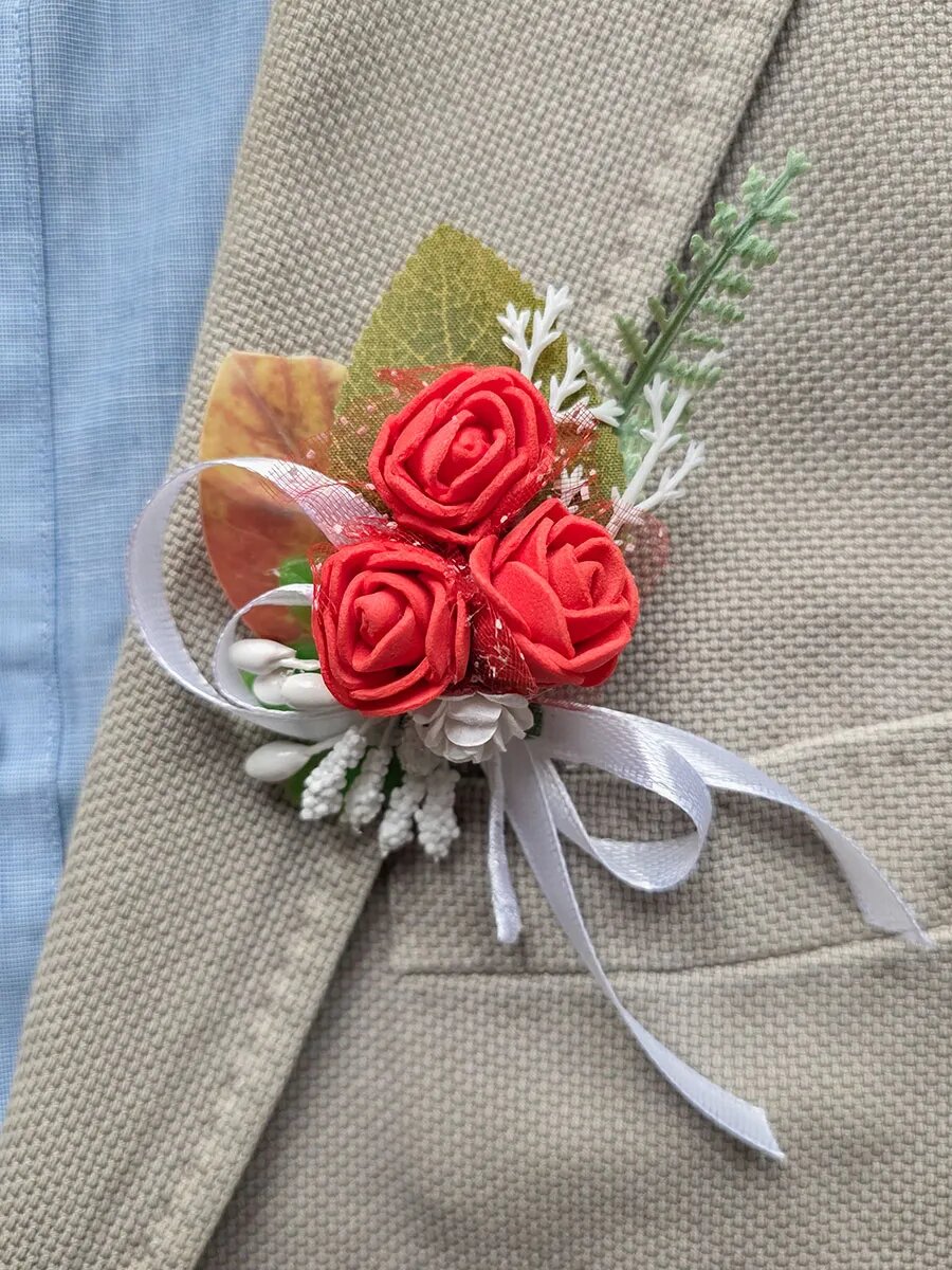 Бутоньерка для жениха для костюма пиджака или на рубашку, на булавке, свадебный цветок