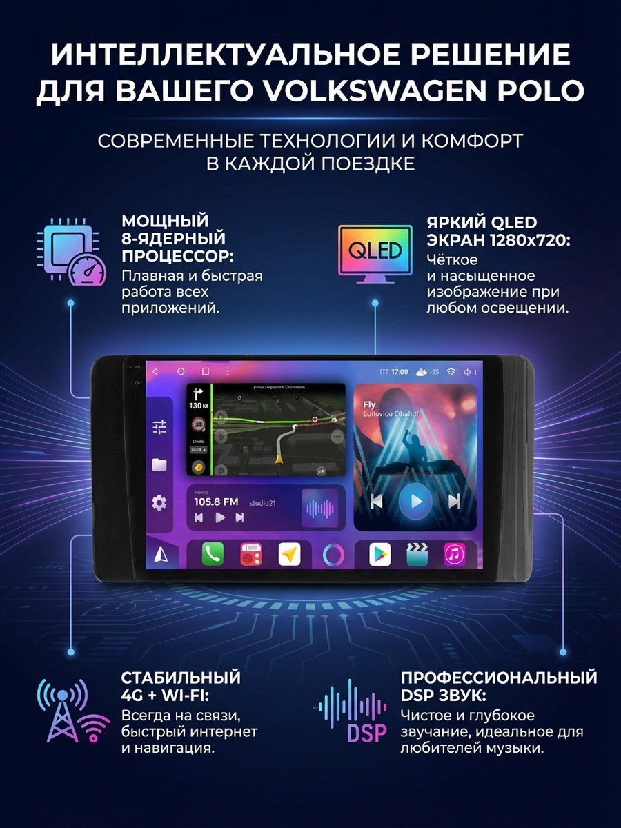 Штатная магнитола Фольксваген Поло (Volkswagen Polo Mk6) 2020-2022 на Android 14, WiFi + 4G, CarPlay