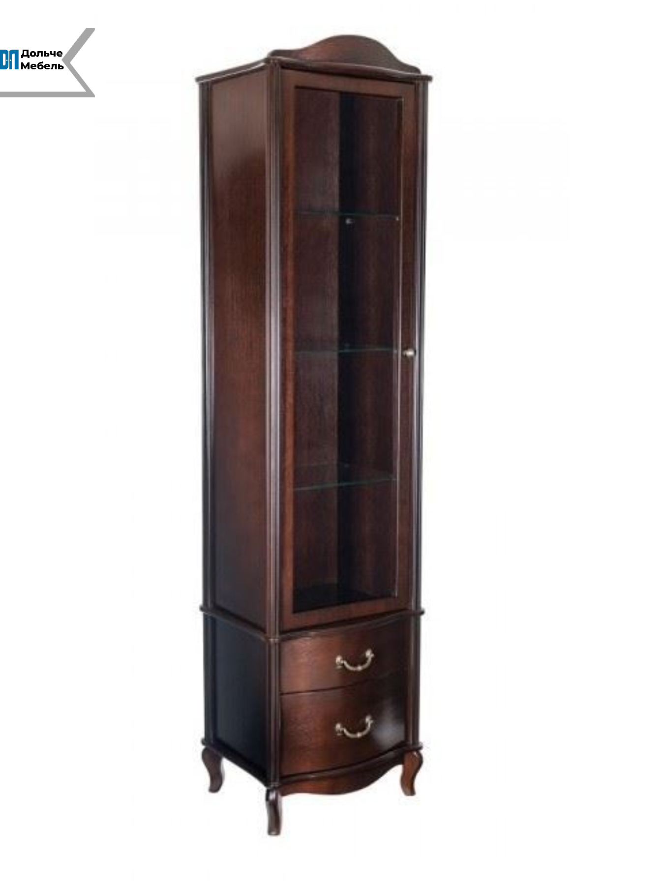 Шкаф-витрина стеклянная для гостиной Джульетта для посуды, с ящиками, цвет орех