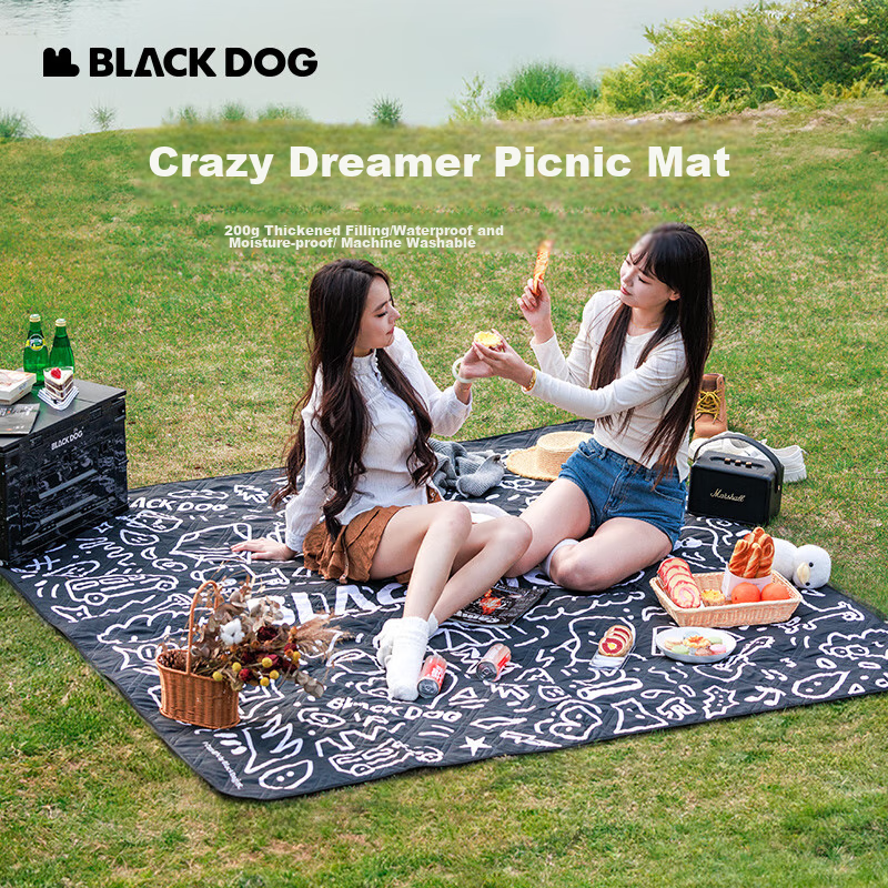 Пикник-мат Black Dog Ультразвуковой, водонепроницаемый, портативный, 2x2м, ночная черная Цвет：Пикник-мат | Безумный Сон