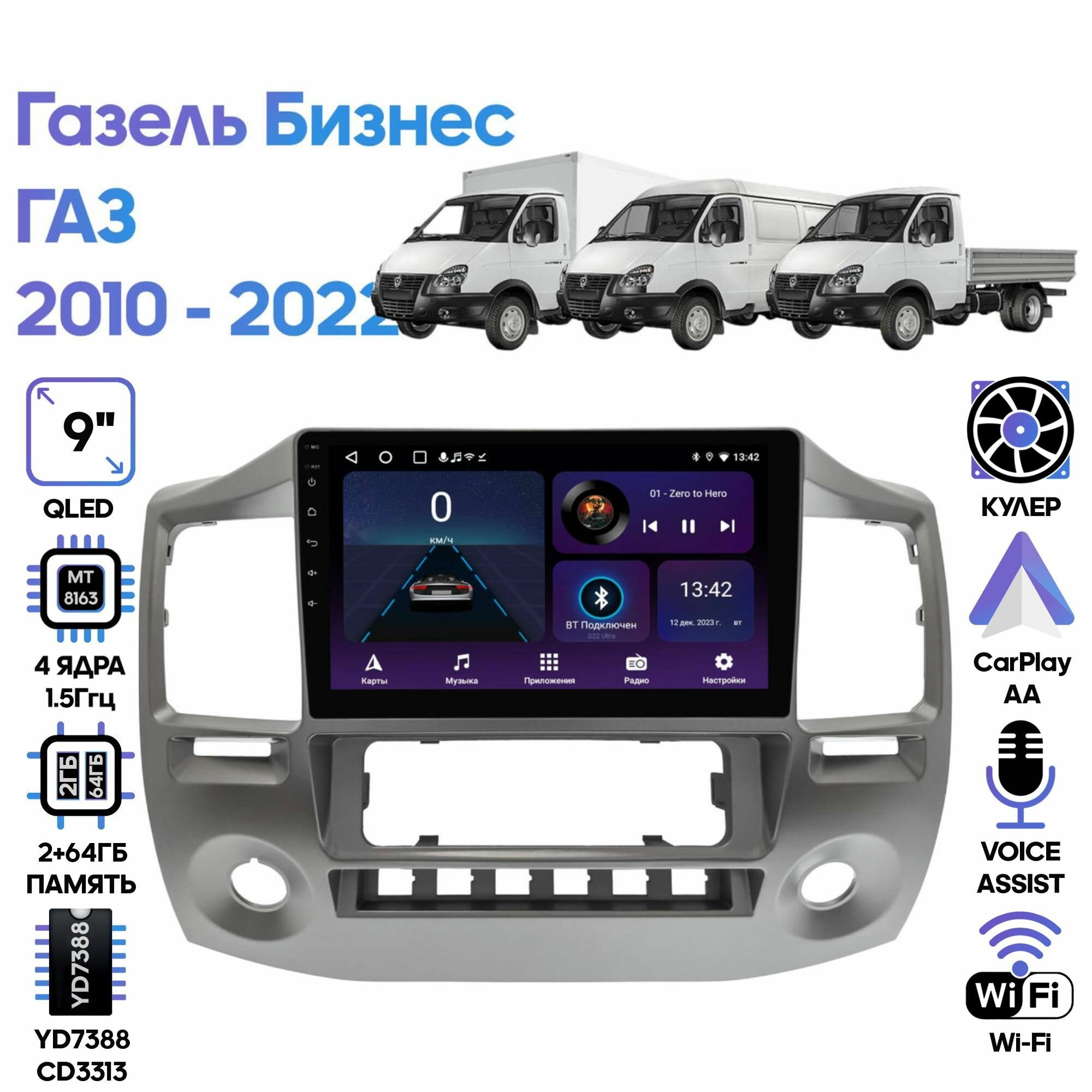 Магнитола ГАЗ Газель Бизнес (GAZ Gazelle Business) 10-22 / 9 дюймов, 2/64GB, 4 ядра, Wi-Fi, Android 9 / Wide Media