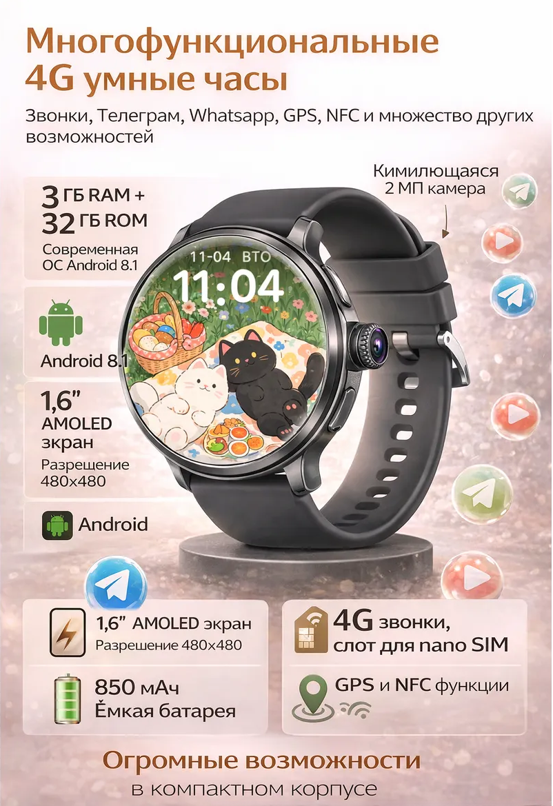 Часы JITE 2026 41 mm, Android, 4G, GPS, NFC, экран 1.6", вращение камеры, черный