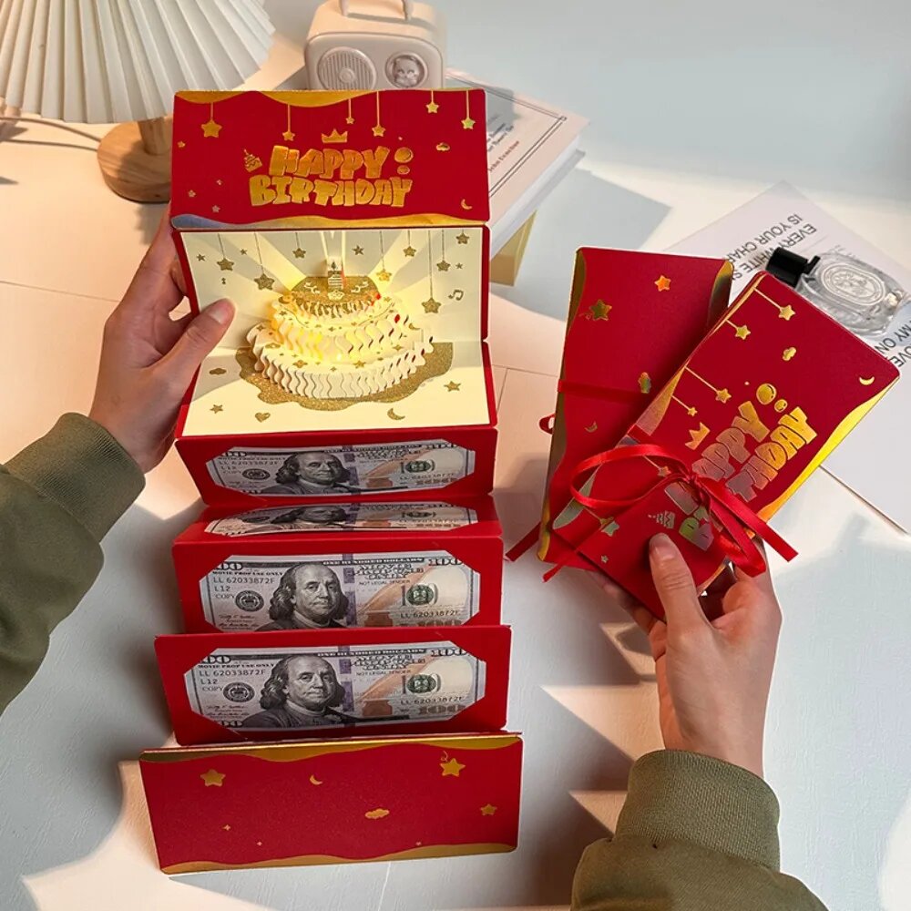 3D музыкальная открытка-конверт день рождения красная without Music Light, Red