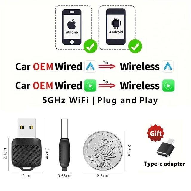 Беспроводной адаптер EKIY 2-в-1 CarPlay подходит для автомобилей с проводным CarPlay и поддерживает беспроводную связь с Android Auto, что делает его идеальным выбором для автомобильных интеллектуальных систем и смарт-боксов с искусственным интеллектом.