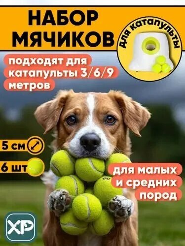Мячи для собак 6шт, 5см / XPAWS / набор для катапульты интерактивной / жевательные, теннисные мячики для мелких и средних пород