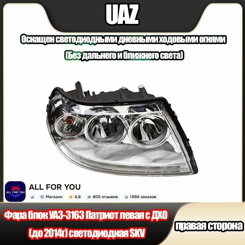 Фара автомобильная, галоген, 1 шт, арт. Фара блок УАЗ-3163 Патриот левая с ДХО (до 2014г) светодиодная SKV