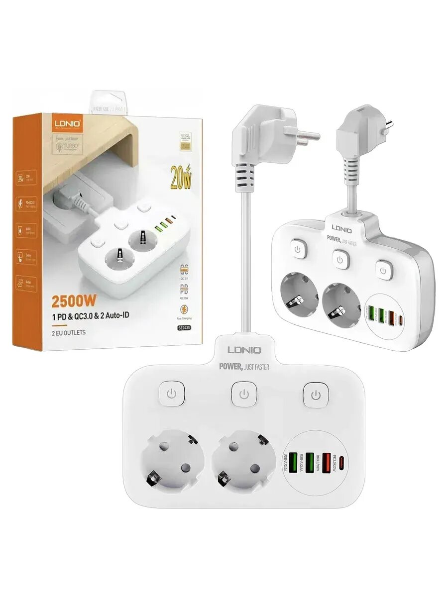 Сетевой фильтр на 2 розетки 3 USB 2500W SC2435 LDNIO