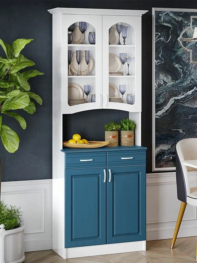 Буфет для кухни Констанция, кухонный шкаф для посуды напольный с фасадами МДФ, 80х225х43 см, Джинс, Белый/Белый матовый