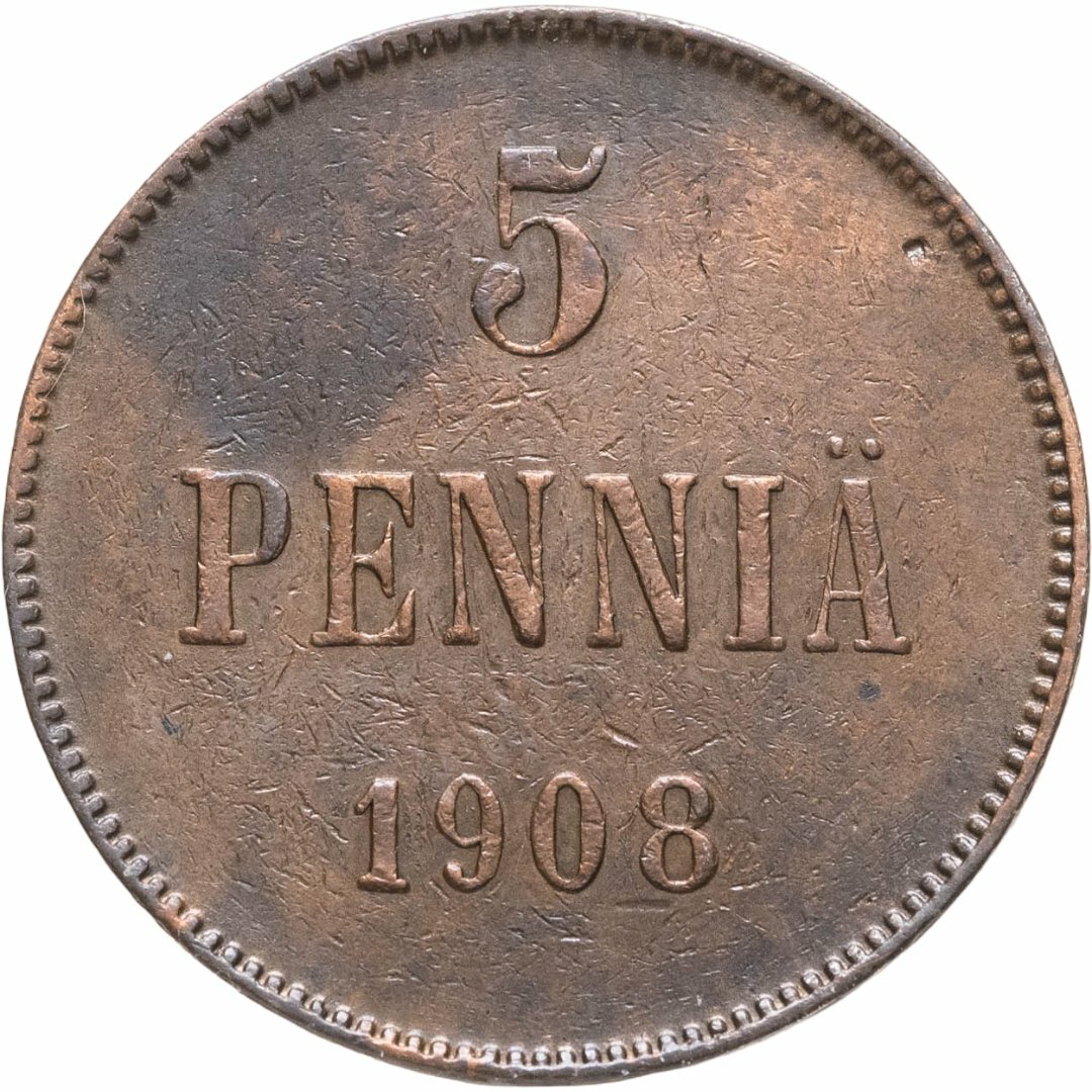 5 пенни 1908 монета для Финляндии, Медь, в сохранности XF