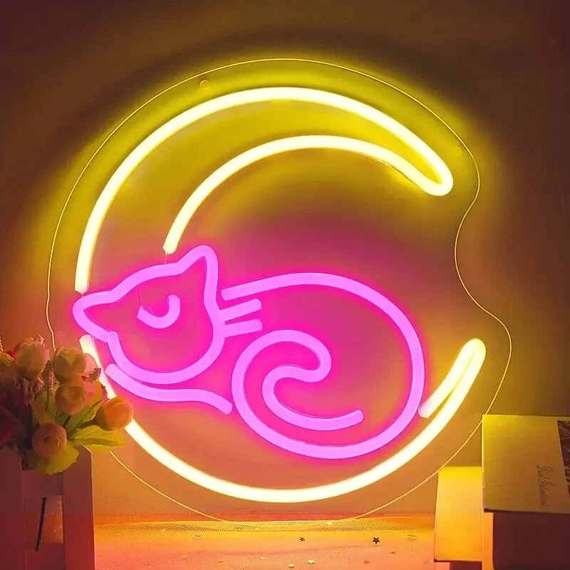 Cat & Moon Neon Sign for Wall Decor, LED Home Decor Lights Backdrop LED Light up Signs for Game Room Wall Art Arcade Decor