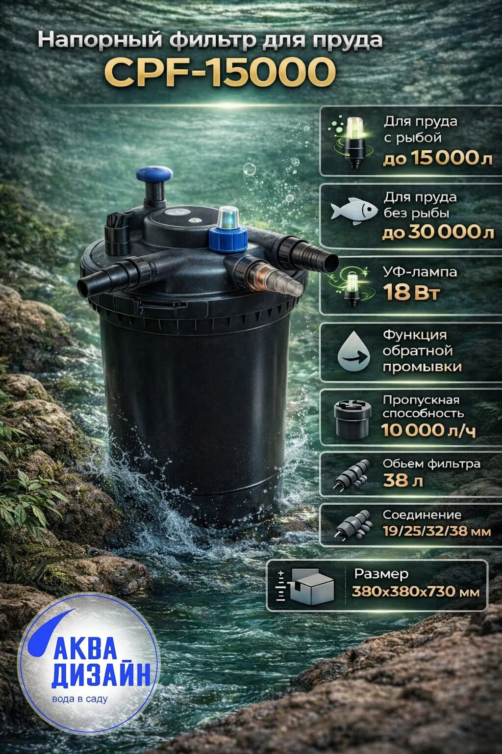 Фильтр для пруда SunSun CPF-15000 с функцией обратной промывки (до 30 м3)