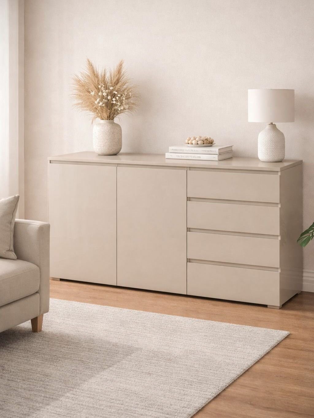 Комод с 2 дверцами и 4 ящиками, 150,2х95,8х46 см, кашемир, 1 шт.