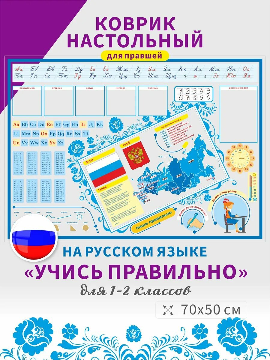Коврик обучающий на письменный стол "Учись правильно". Флаг, гимн, карта, таблица умножения и алфавит. Коврик для мыши