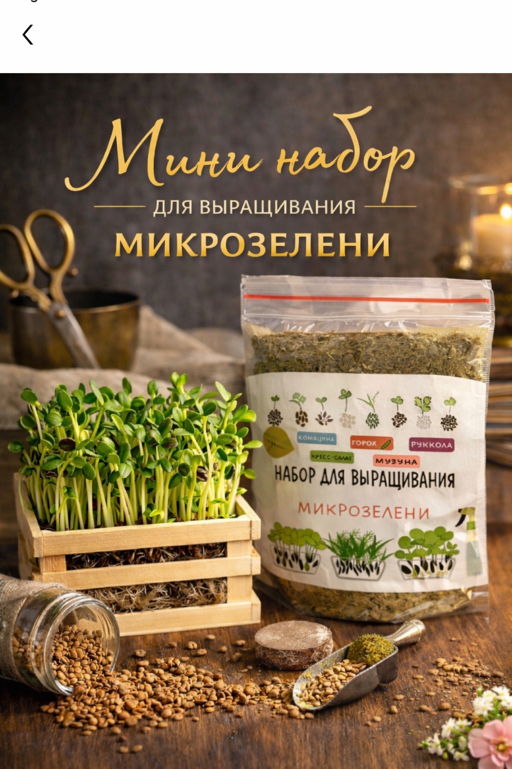 Мини набор Микрозелени ( Руккола+Мизуна+Кресс-салат+Комацуна +Горох)