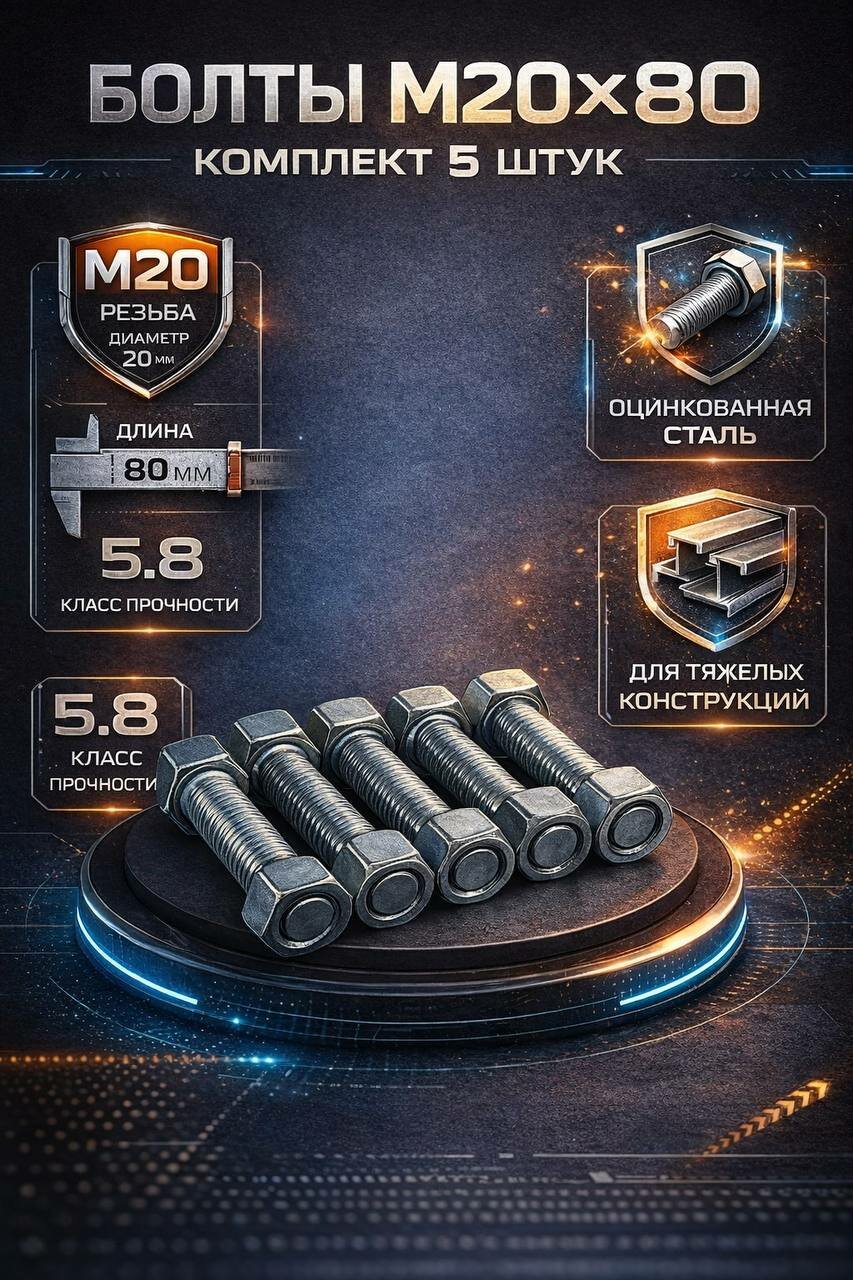 Болт М20х80 DIN 933 прочность 5.8 с гайкой М20 комплект 5 штук оцинковка
