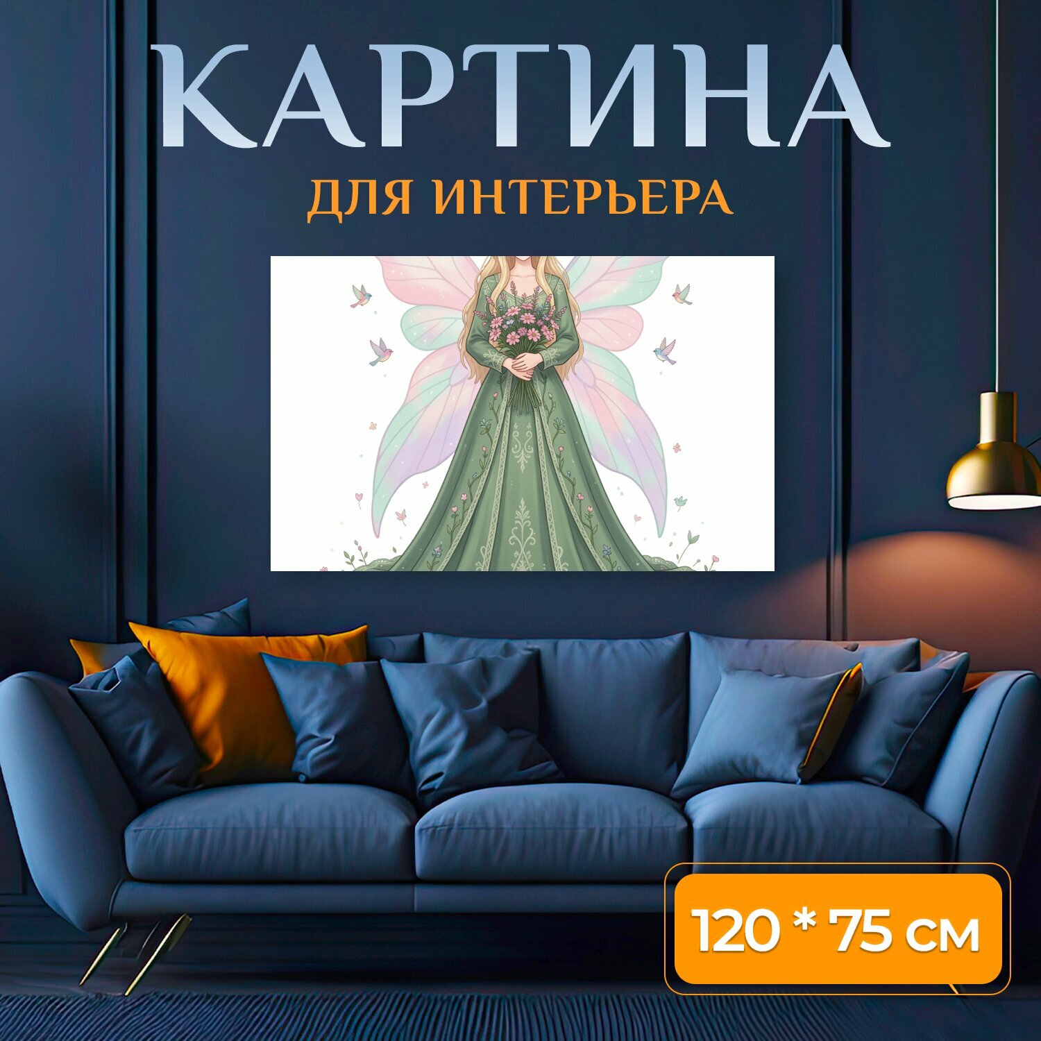 Картина на холсте "Девушка-фея с цветами. Нежная сказочная иллюстрация: длинноволосая лесная нимфа в зелёном платье с венком на голове держит." на подрамнике 120х75 см. для интерьера