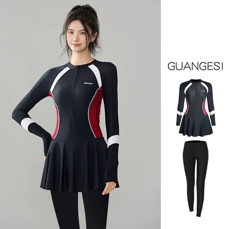 Женский водолазный костюм черно-красного цвета с штанами, длинным рукавом, защитой от УФ, быстросохнущим материалом для