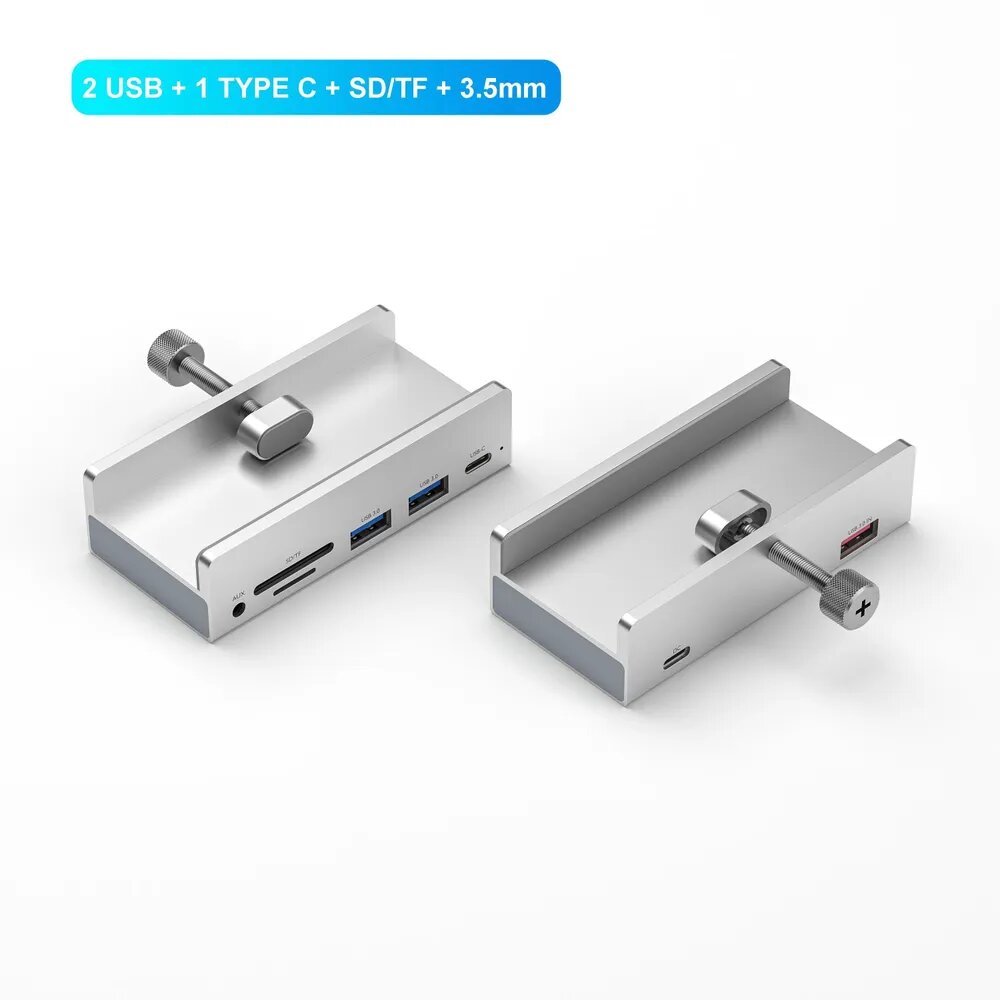 USB3.0 концентратор 2xUSB+USB-C+TF+SD+AUX 3.5MM c Алюминиевый зажим для крепления на стол или к монитору 6 в 1