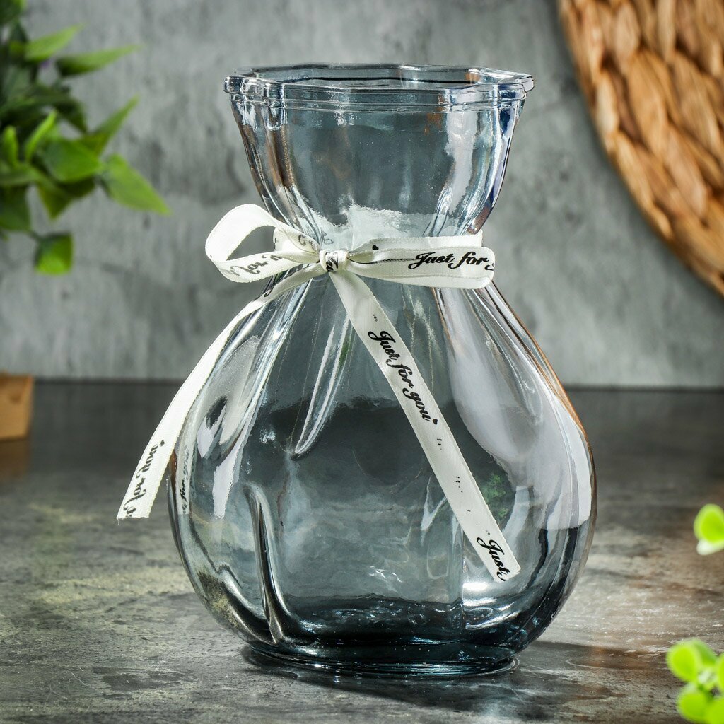 Ваза стеклянная настольная для цветов 20х9.5 см, фигурная прозрачная вазочка с широким горлом, декор дома и офиса